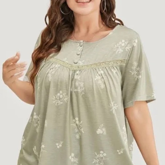 BloomChic | Tops | Bloomchic Sage Green Floral Button Up Lace Detail T ...